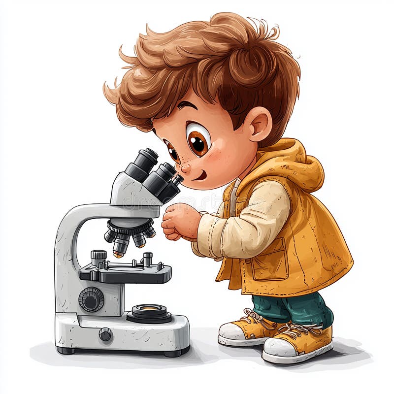 Little Boy Explores Science with a Microscope in a Bright Lab Setting ...