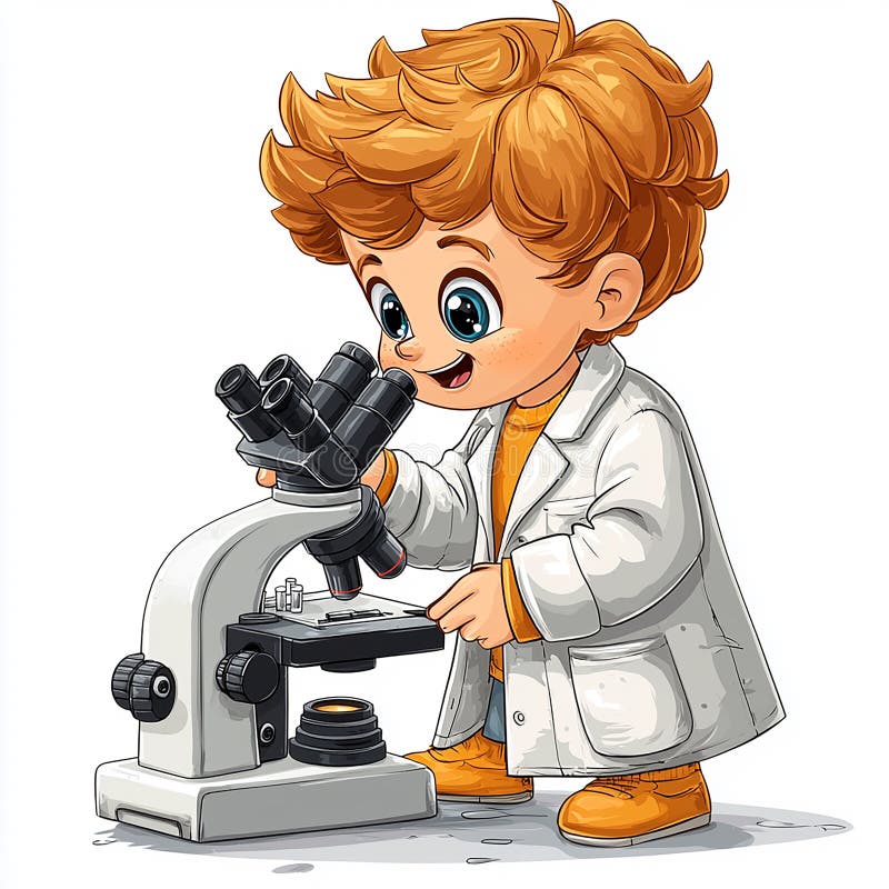 Little Boy Explores Science with a Microscope in a Bright Laboratory ...