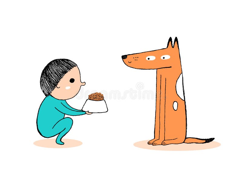 Little boy feeding a dog stock vector. Illustration of white - 82079333