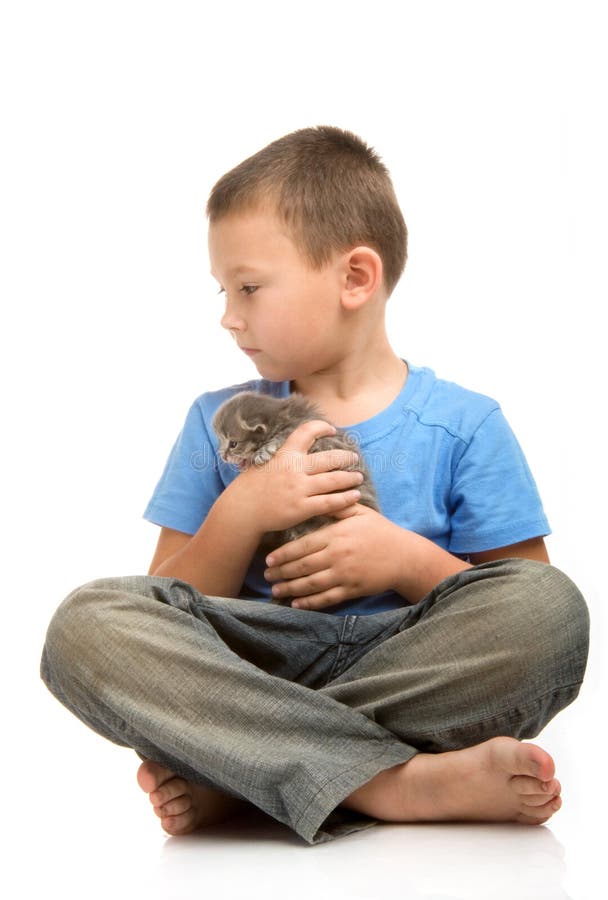 The Little Boy with a Fluffy Kitten Stock Photo - Image of face, nature ...