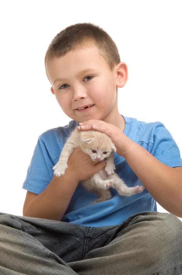 The Little Boy with a Fluffy Kitten Stock Image - Image of beauty, love ...
