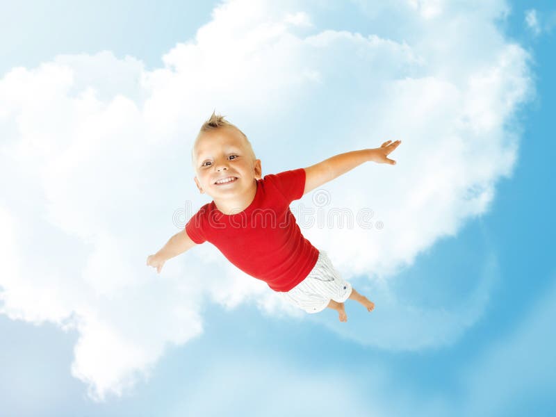Little Boy Flying Up into the Sky Stock Image - Image of happiness ...