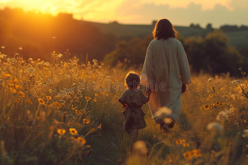 Little Boy Follow Jesus. Generative AI Stock Illustration ...