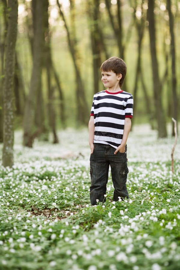 Little Boy in Forest on Flowers Field Stock Photo - Image of happy ...