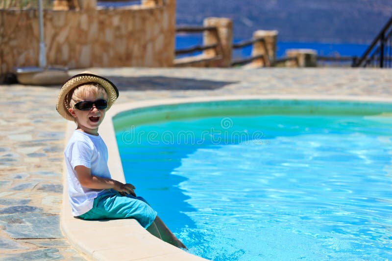Little Girl and Boy Sitting in the Pool and Drink Stock Image - Image ...