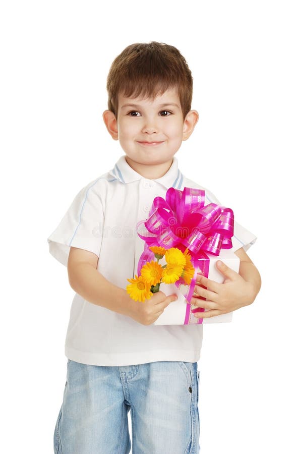 The Little Boy with a Gift in a Hands Stock Photo - Image of gift, face ...