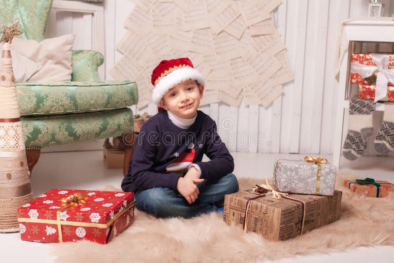 Little Boy Posing in Christmas Interior Stock Image - Image of ...