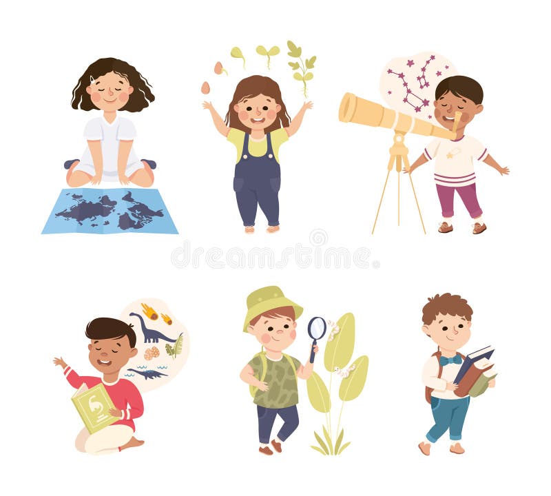 Little Boy and Girl Learning Lesson and School Subject Vector Set Stock ...