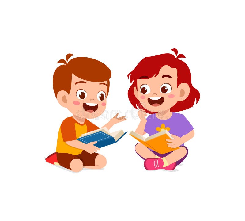 Little Boy and Girl Read Book Together Stock Vector - Illustration of ...