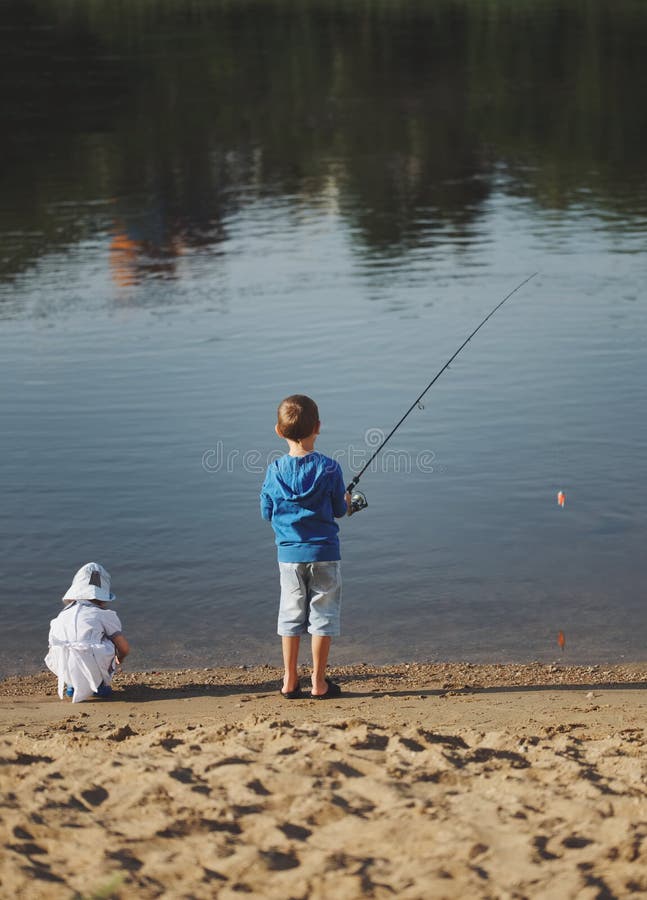 Boy and Girl with Rod on Coast of River Stock Photo - Image of girl ...