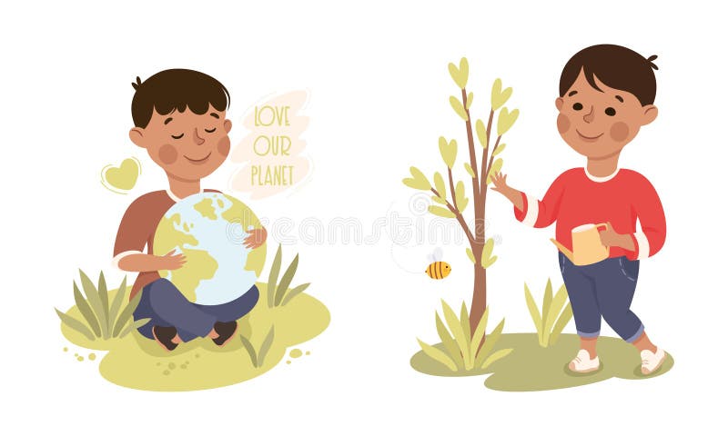 Little Boy with Globe on Green Grass and Watering Tree Sapling Caring ...