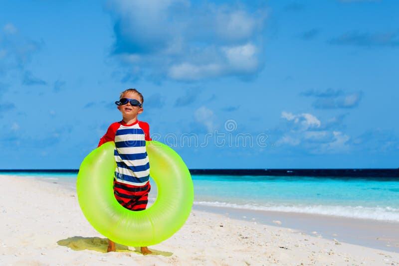 Little Boy Go Swim on Tropical Beach Stock Image - Image of beach ...