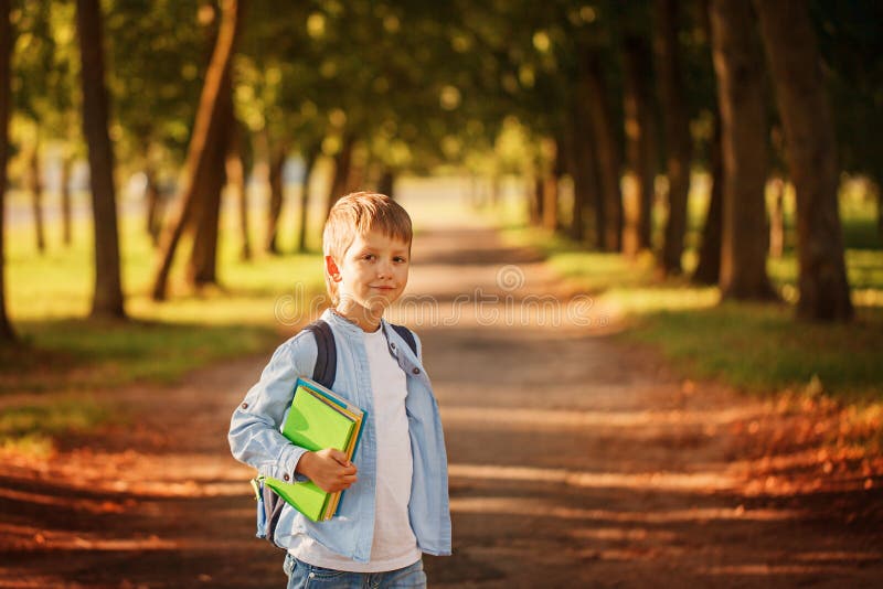 Little Boy Going Back To School. Child with Backpack and Books. Stock ...