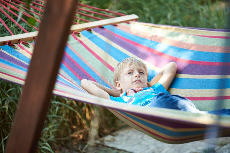 Little Boy in a Hammock in Summer Park Stock Image - Image of child ...