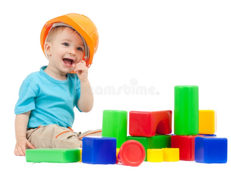 Little Boy with Hard Hat and Building Blocks Stock Photo - Image of ...
