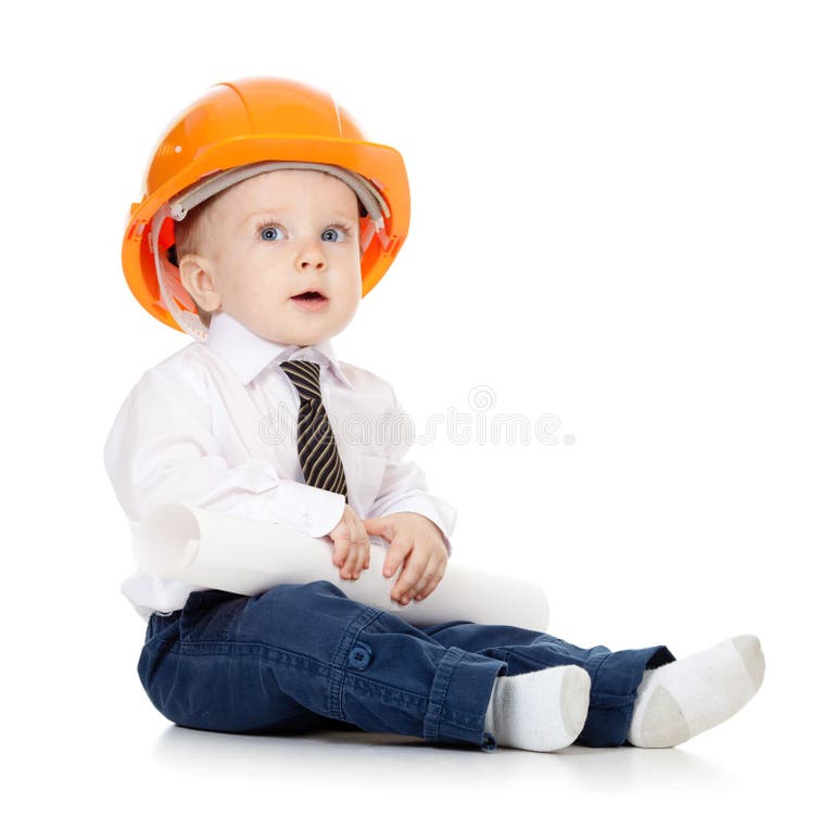 Little Boy with Hard Hat and Engineering Drawing Stock Image - Image of ...