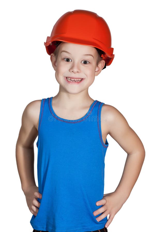 Little Boy with Hard Hat and in Too Big Jeans Stock Photo - Image of ...
