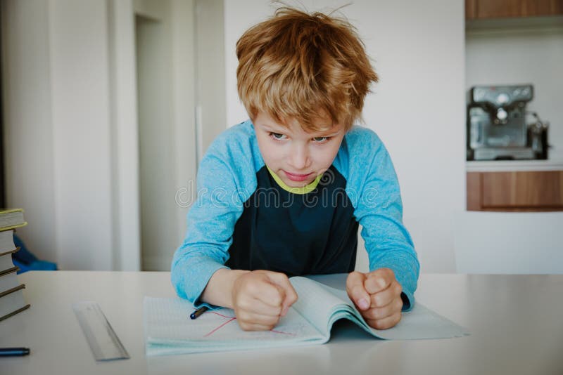 Little Boy Hates Doing Homework, Stress and Agreession Stock Image ...