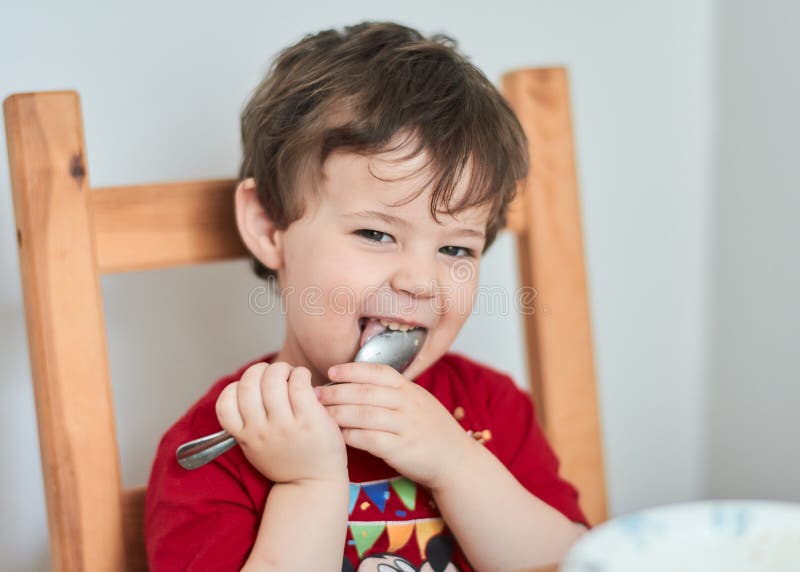 Little Boy Having Fun at Breakfast Stock Image - Image of kitchen ...