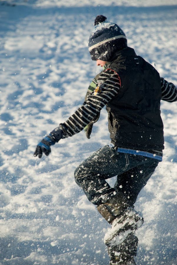 Little Boy Having Fun, Running in the Snow Stock Image - Image of jeans ...