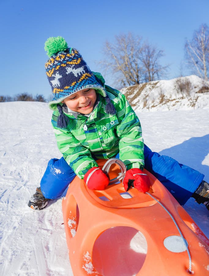 Little Boy Having Fun with Sled in Winter Park Stock Photo - Image of ...