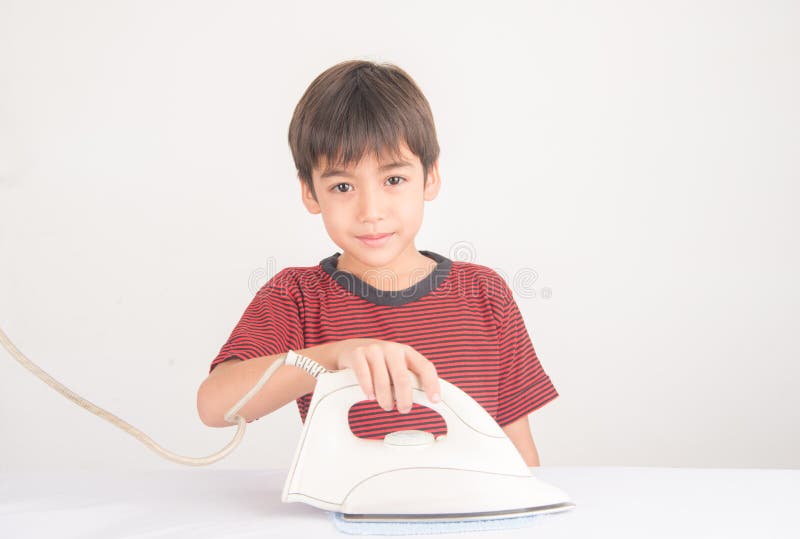 Little Boy Helping House Work Using Iron His Cloth Stock Image - Image ...
