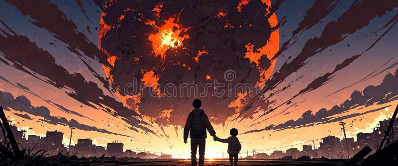 A Little Boy and His Father Hold Hands and Look at the Post-apocalyptic ...