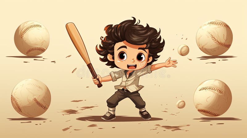 Little Boy Hits the Ball with a Bat. Generative AI. Stock Illustration ...