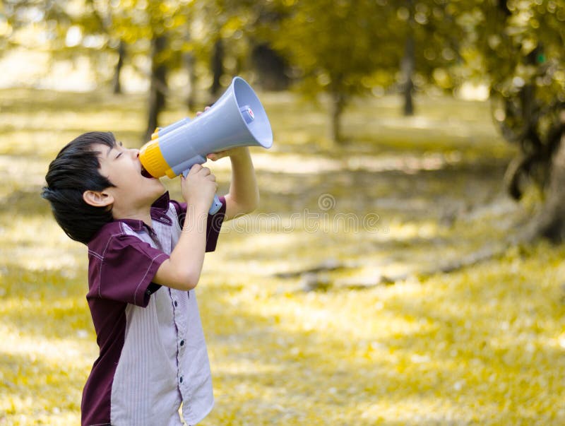 Little Boy Hold Megaphone Shouting in the Park Stock Photo - Image of ...