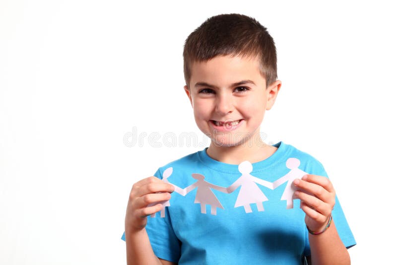 Little Boy Holding Paper People Stock Photo - Image of creativity ...