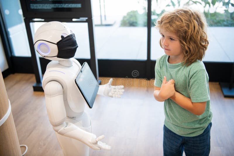Little Boy Interact with Robot Artificial Intelligence, Future Tech ...