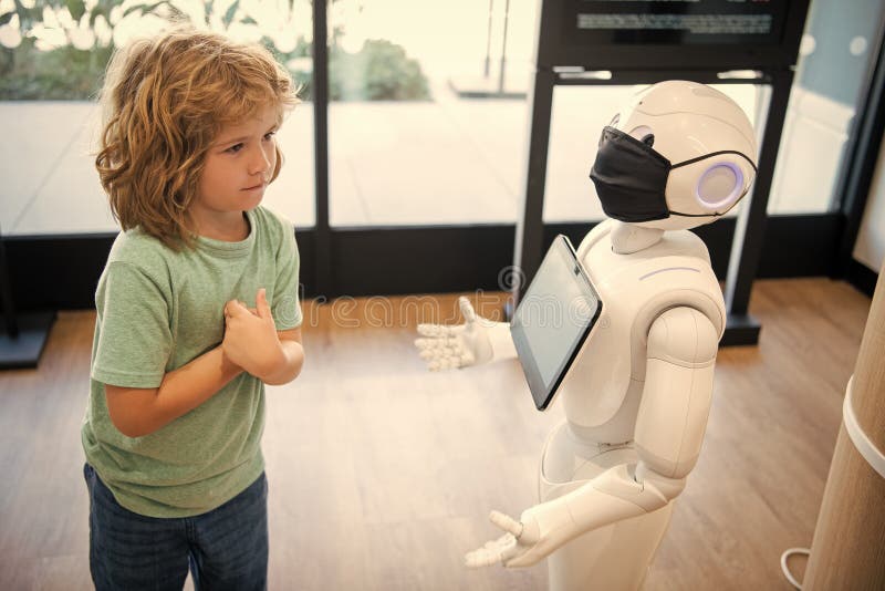 Little Boy Interact with Robot Artificial Intelligence, Future Tech ...