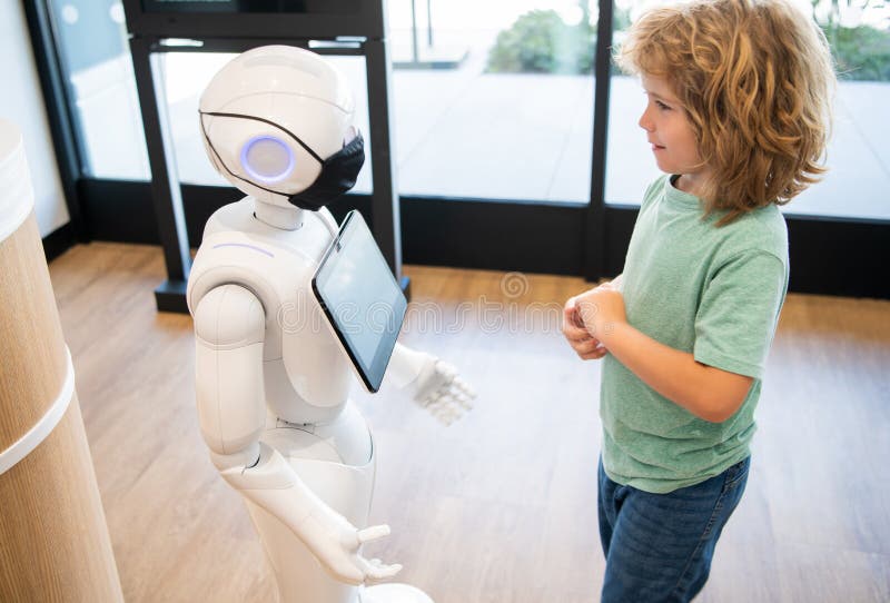 Little Boy Interact with Robot Artificial Intelligence, Interaction ...