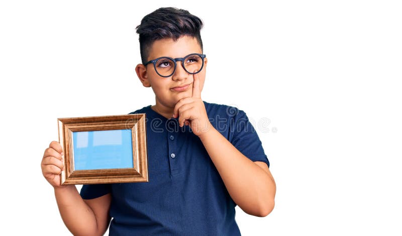 Little Boy Kid Holding Empty Frame Serious Face Thinking about Question ...