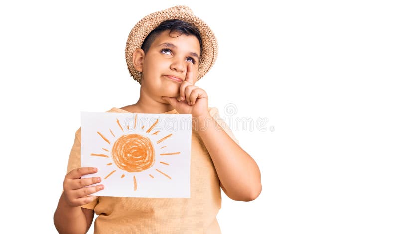 Little Boy Kid Holding Sun Draw Serious Face Thinking about Question ...