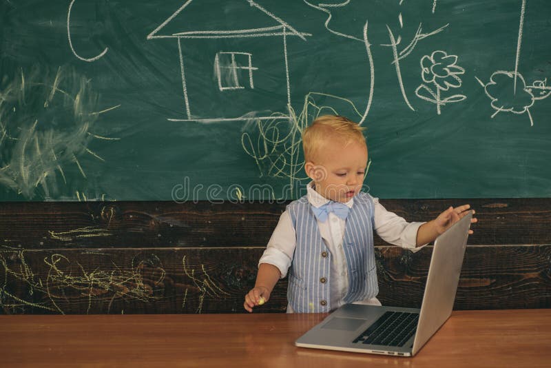Toddler Use Laptop and Pc Computer. Little Boy Sit at Computer Work ...