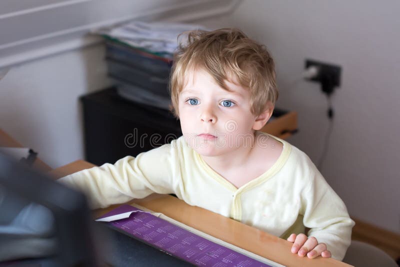 Little Boy Learning on Computer at Home Stock Image - Image of home ...
