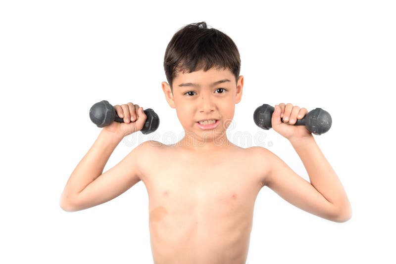 Little Boy Lifting Dumbbell Isolate on White Background Stock Photo ...