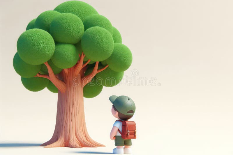 A Little Boy Looking at a Large Green Tree. Space for Text. Stock ...