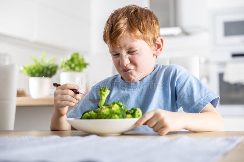 The Little Boy Looks with Distaste at the Broccoli on His Fork Stock ...