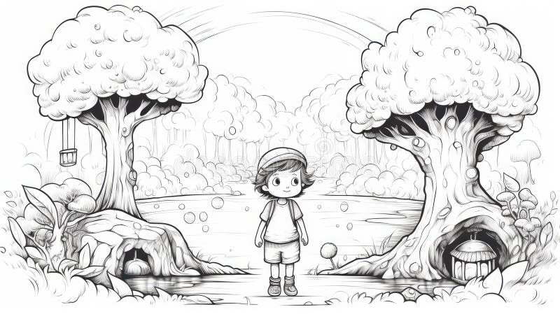 Little Boy in Magical Forest Coloring Page AI Generated Stock Photo ...