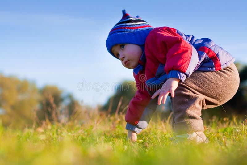 Little Boy Making First Steps on the Grass Stock Photo - Image of ...