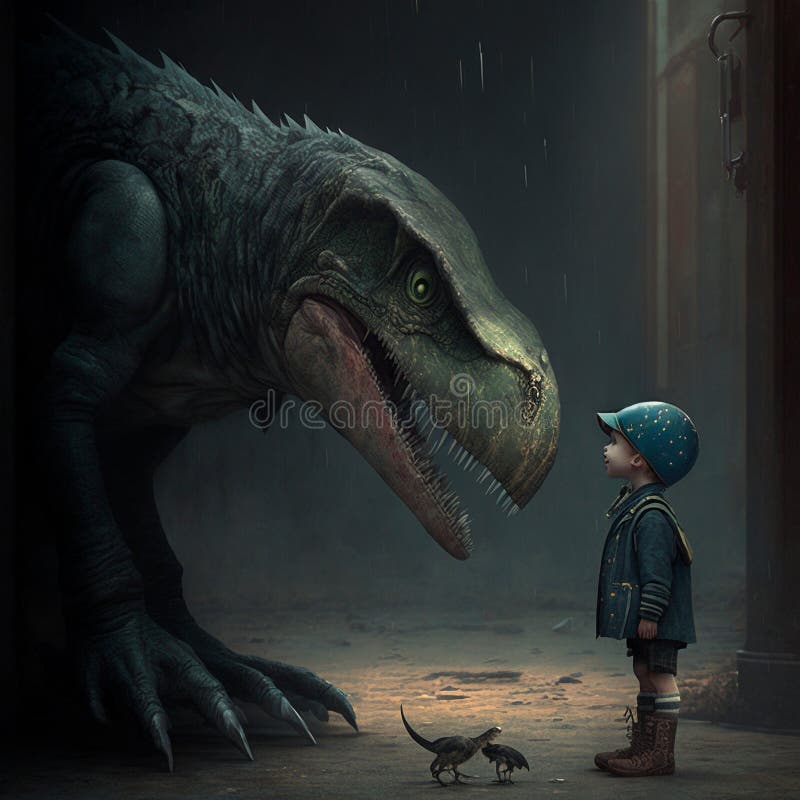 Little Boy Met a Dinosaur. Face To Face Stock Image - Image of children ...
