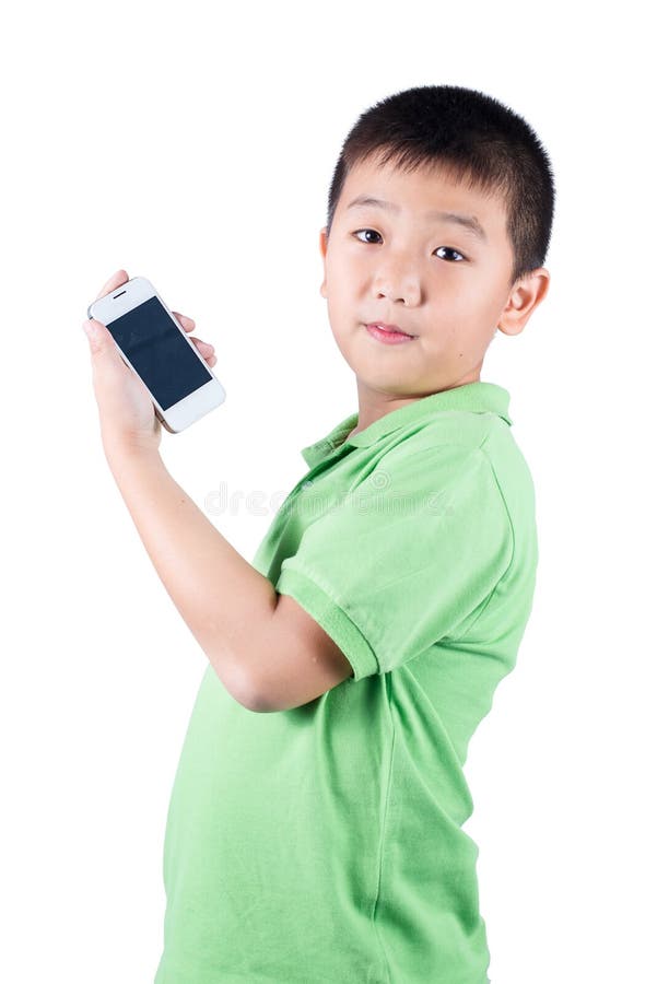 Little Boy with Mobile Phone Isolated on White Background Stock Image ...