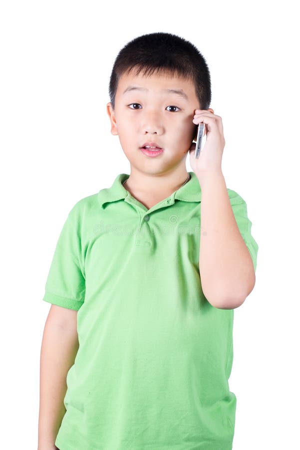 Little Boy with Mobile Phone in Hand Isolated on White Background Stock ...