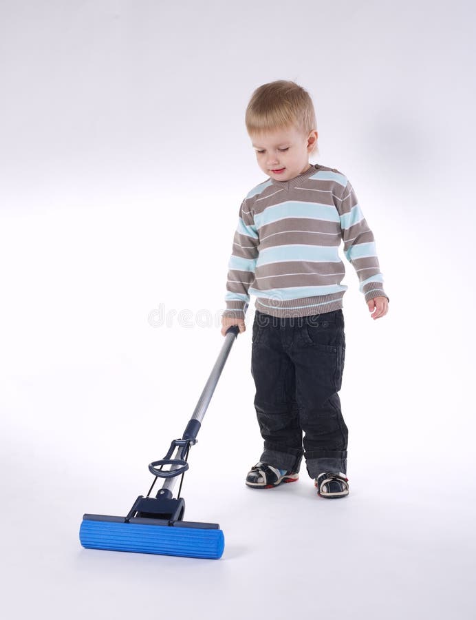 Little Boy with Mop on White Stock Image - Image of blue, little: 83446119