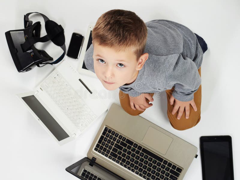 Little Boy and New Technology Stock Photo - Image of cardboard, device ...