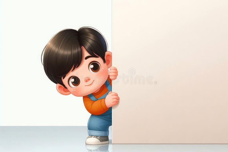 A Little Boy Peeking Around the Corner. Space for Text. Stock ...
