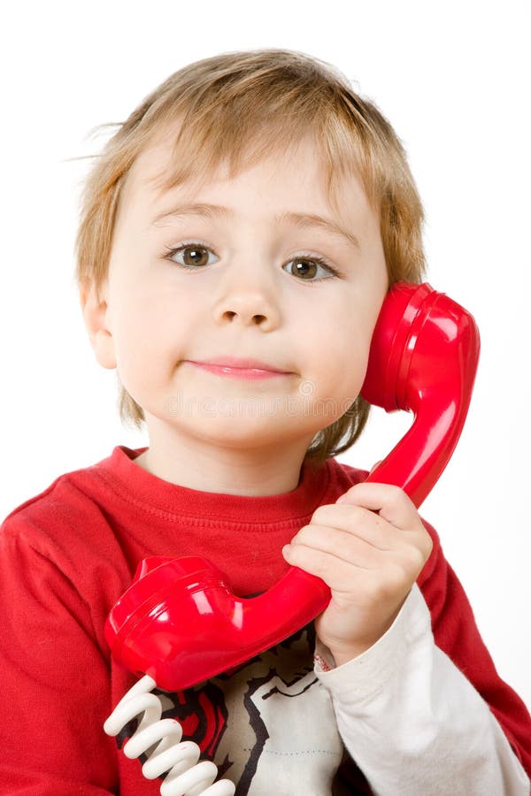 Adorable Toddler Boy Speaking on a Cordless Phone Over White Stock ...