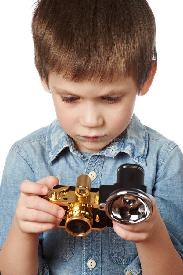 Little Boy Photographer with Retro Camera and Flash Stock Photo - Image ...
